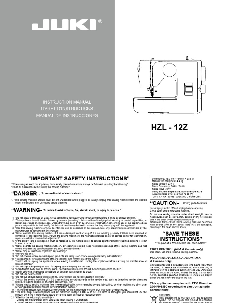 Juki HZL-12Z Sewing Machine Instruction Manual | PDF | Sewing Machine ...
