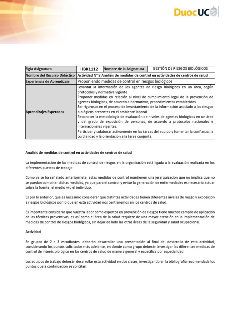 Actividad N 8 Analisis de Medidas de Control en Actividades de Centros ...