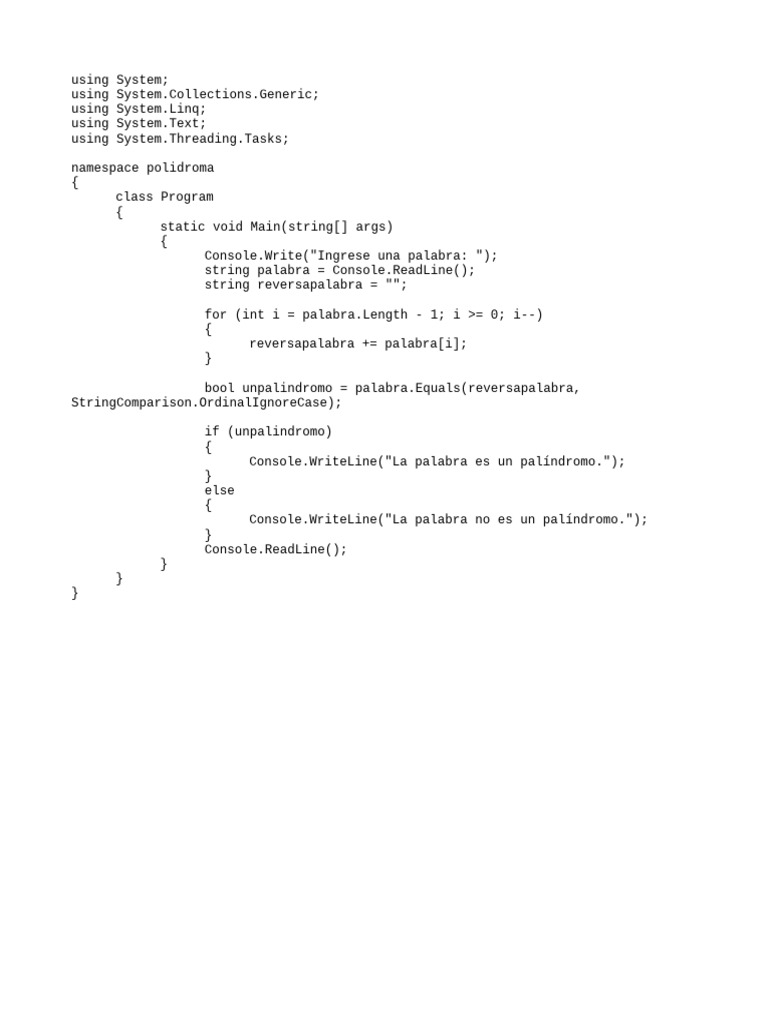 Palindrome Checker in C# Code | PDF