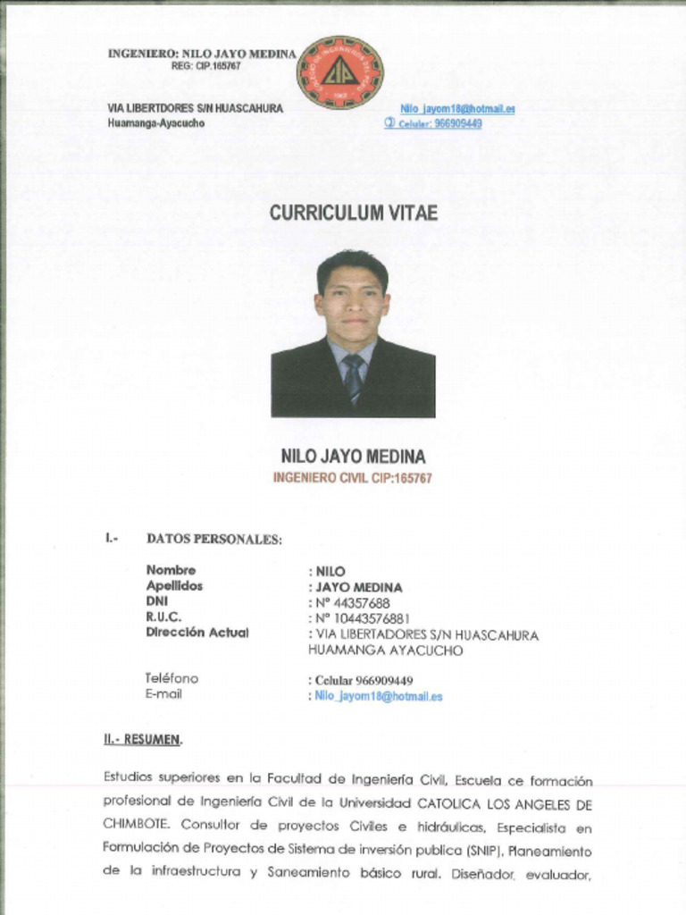 CV Ing. Nilo Jayo Medina - Compressed | PDF