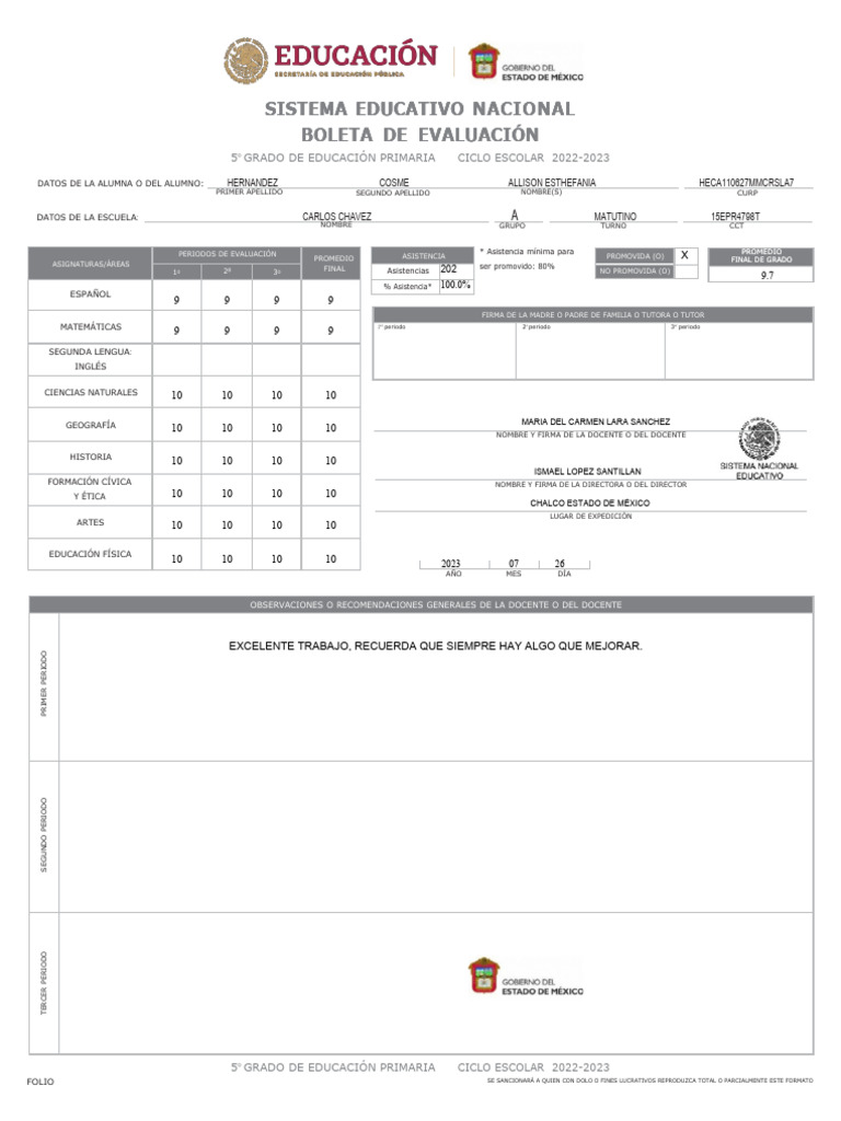 Boleta de Primaria Quinto | PDF