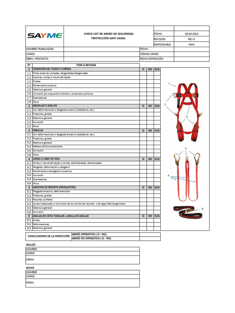 Check List de Arnés de Seguridad Excel | PDF
