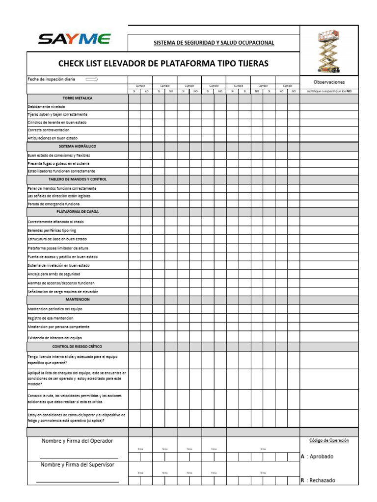 Checklist Diario Elevador Tijera | PDF