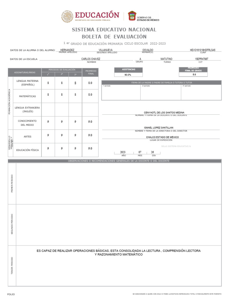 Boleta de Primaria Osvaldo Hernandez Segundo | PDF | Educación primaria ...