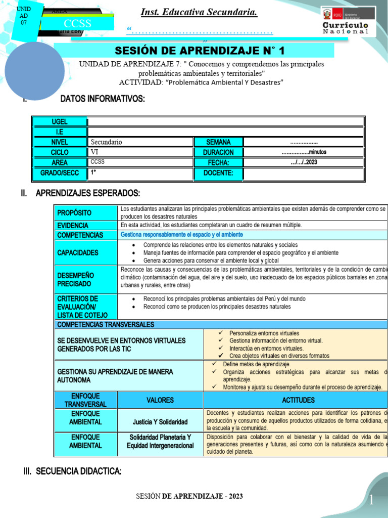 Sesion CCSS 1° Sec-Semana 01 Uni 7 | PDF | Entorno natural | Aprendizaje