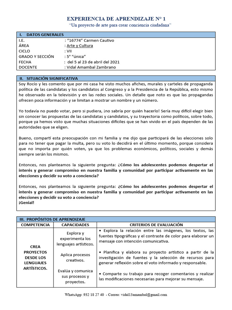 5° Experiencia de Aprendizaje #1 - Arte y Cultura | PDF | Evaluación | Cognición