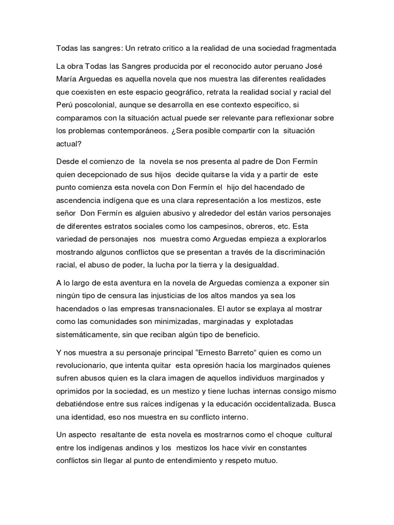 Todas Las Sangres Ensayo Real | PDF | Exclusión social | Desigualdad social Todas Las Sangres Ensayo Real | PDF | Exclusión social | Desigualdad social