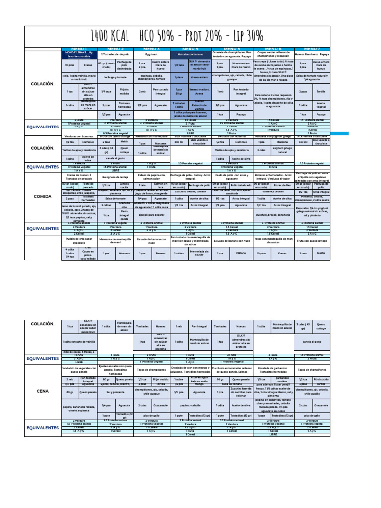 Plan Nutricional 2 - 1400 KCAL, HCO 50%, Prot 20%, Lip 30% | PDF ...