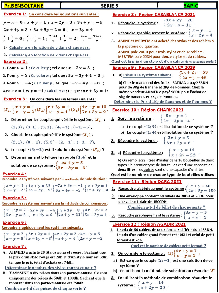 Exercices Corrigés Systèmes d'Équations 3AC | PDF | Mathématiques