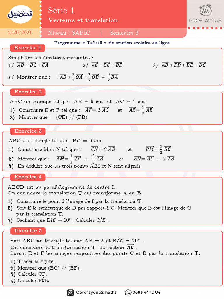 Exercices sur vecteurs et translation 3AC | PDF