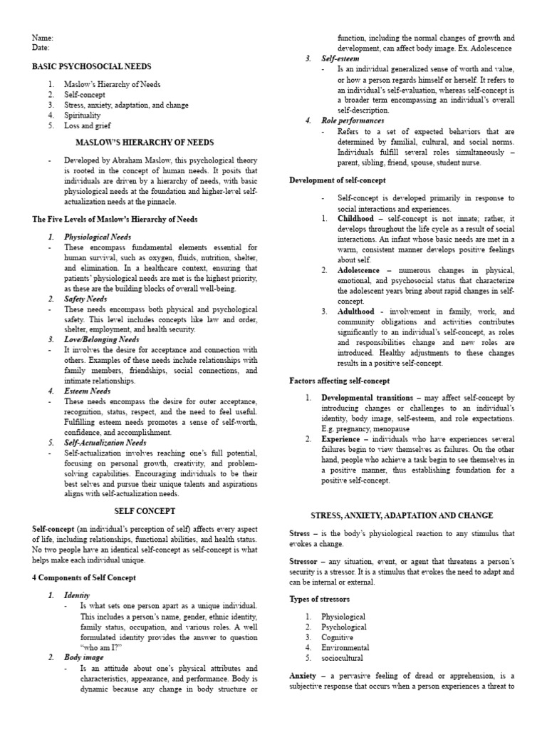 Basic Psychosocial Needs Handouts for My Kids 5 | PDF | Self Concept | Self Esteem