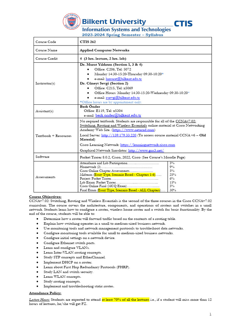 CTIS262 Syllabus Spring2324 v3 | PDF | Network Switch | Computer Network
