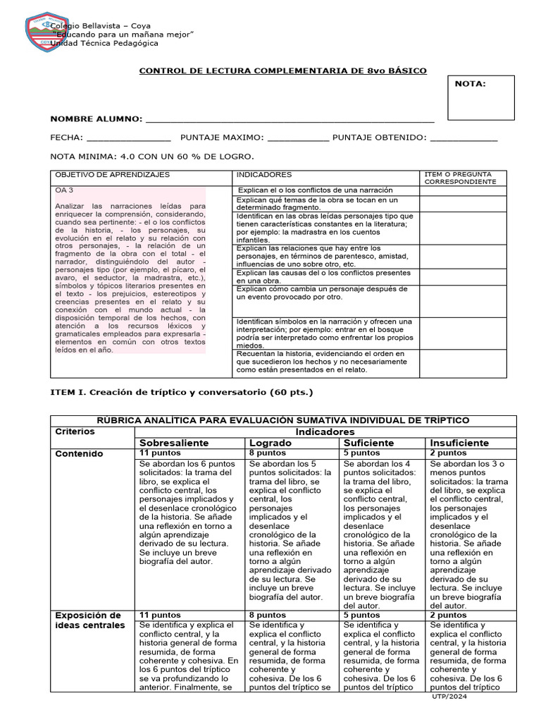 Rúbrica Tríptico Lectura Complementaria 8vo | PDF | Narración