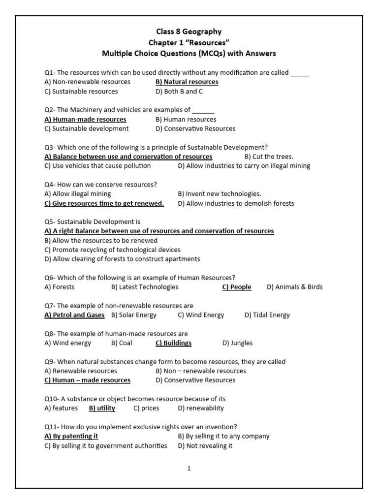 Class 8 Geography Chapter 1 MCQs | PDF | Resource | Renewable Resources