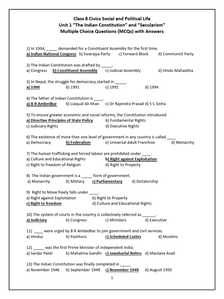 Class 8 Civics Unit 1 MCQs | PDF | Justice | Crime & Violence