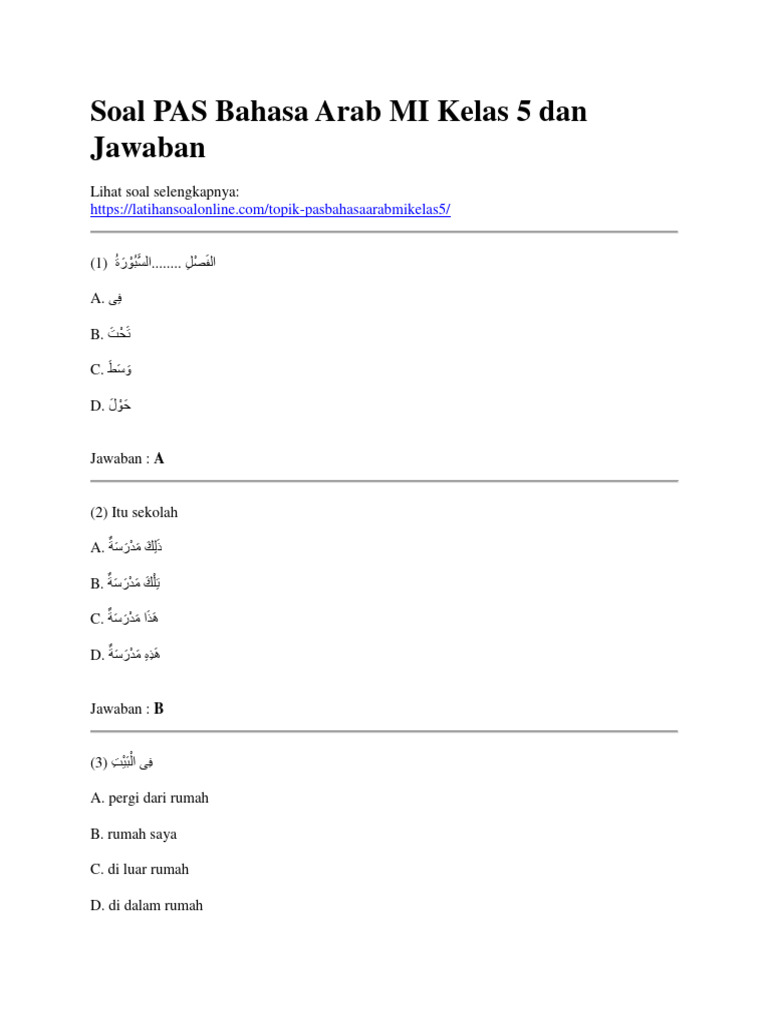 Soal PAS Bahasa Arab MI Kelas 5 Dan Jawaban | PDF
