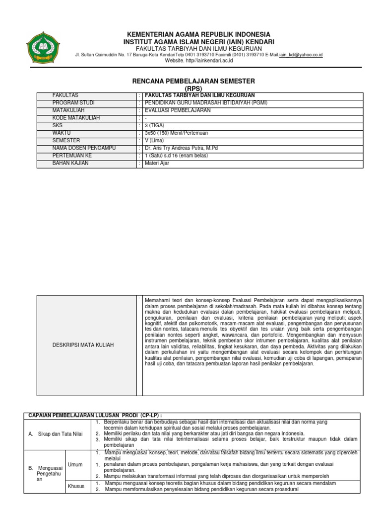 RPS Evaluasi Pembelajaran-1 | PDF | Karier & Perkembangan