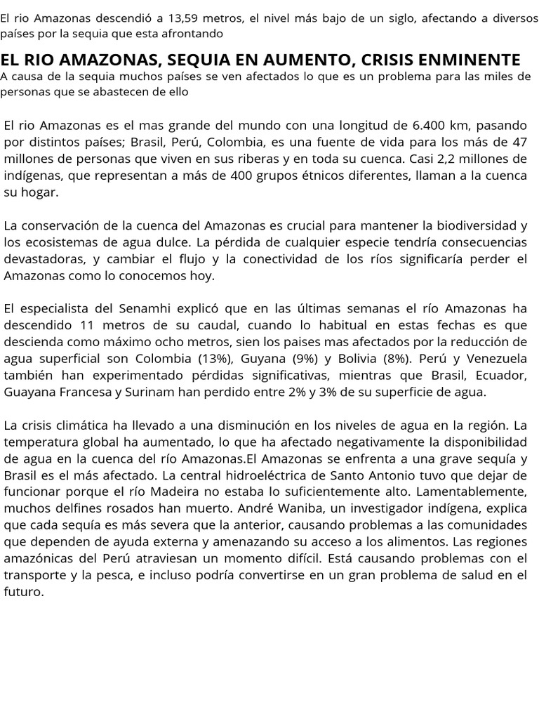 El Rio Amazonas, Sequia en Aumento, Crisis Enminente | PDF