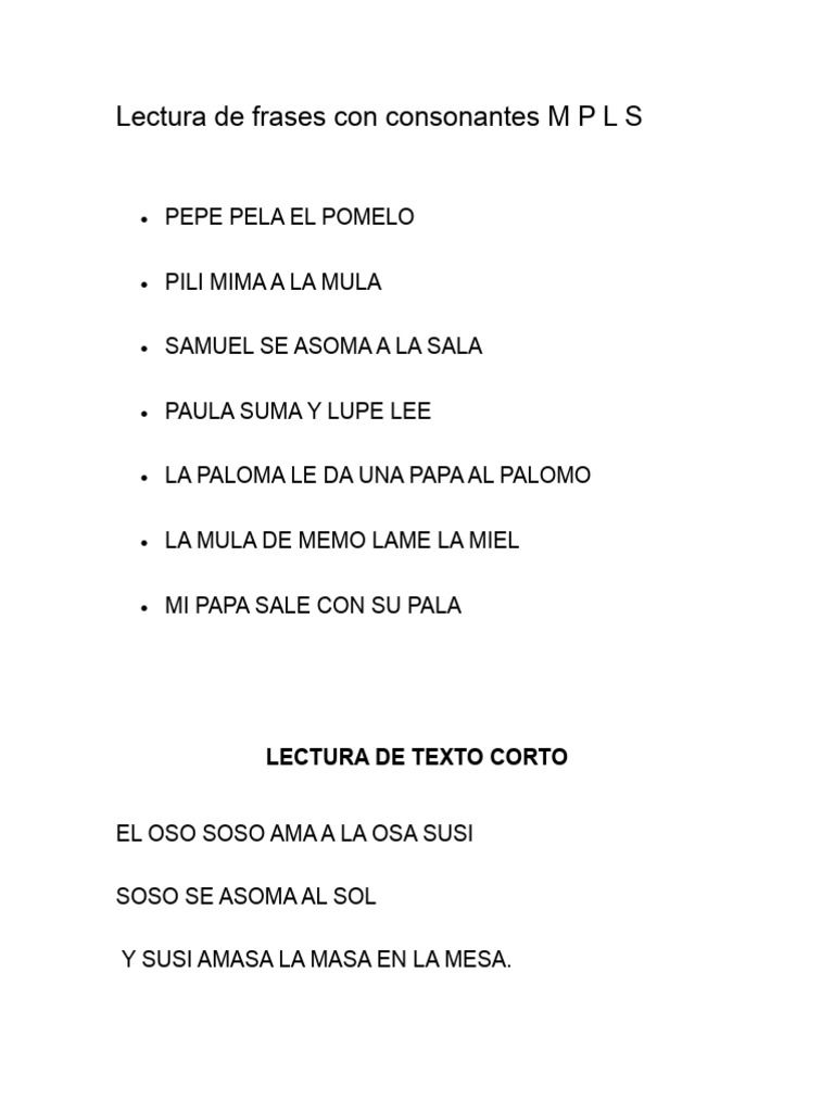 Lectura de Frases Con Consonantes M P L S | PDF