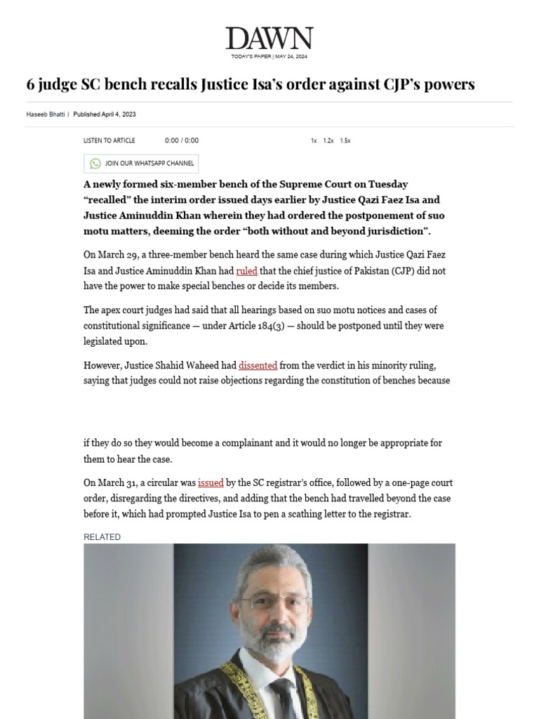 6 Judge SC Bench Recalls Justice Isa's Order Against CJP's Powers - Pakistan | PDF | Judiciaries ...
