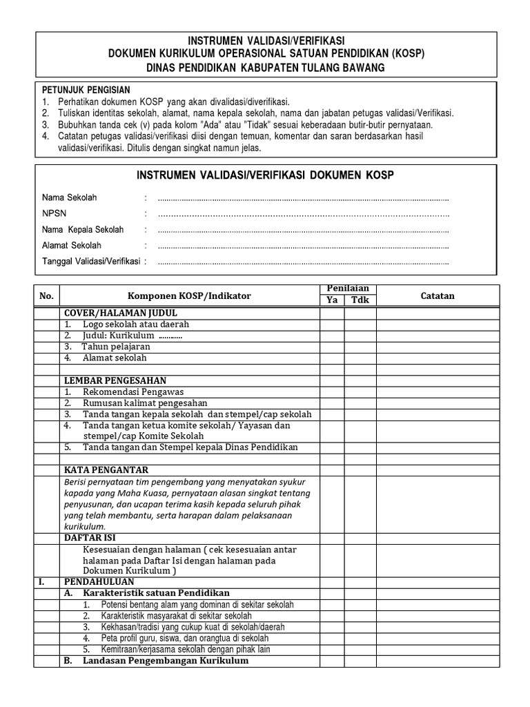 INSTRUMEN Validasi KOSP Tulang Bawang - 2023-2024-2 | PDF