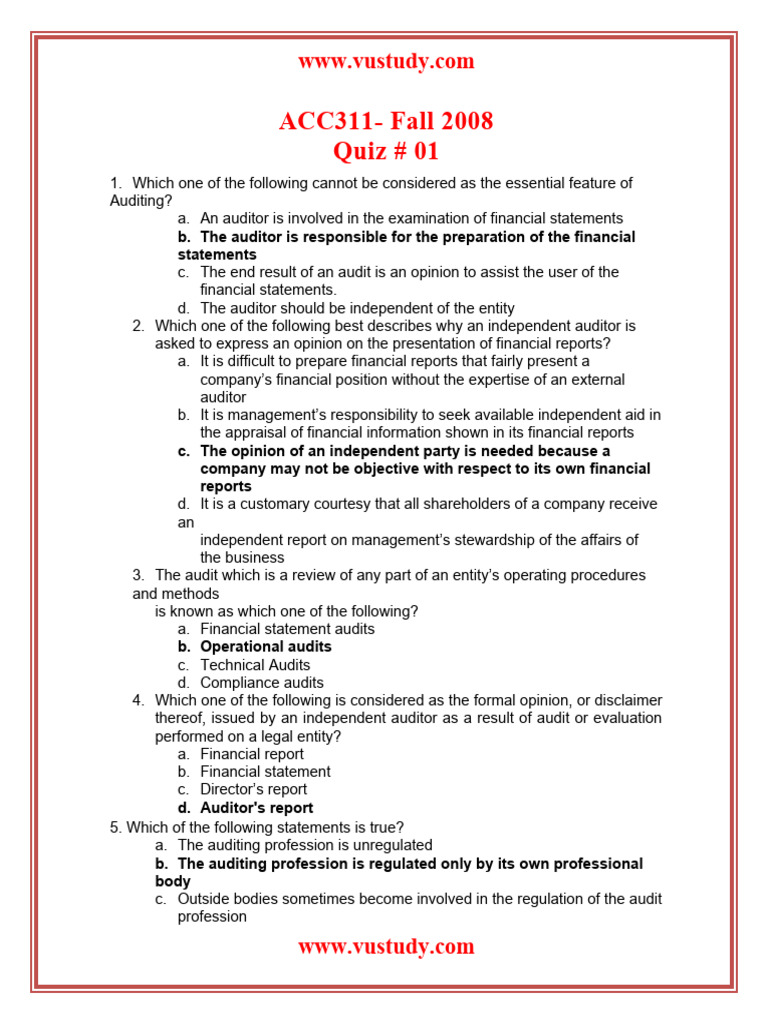 ACC311 Midterm Quiz 1 2 Fall 2008 | PDF | Audit | Internal Control