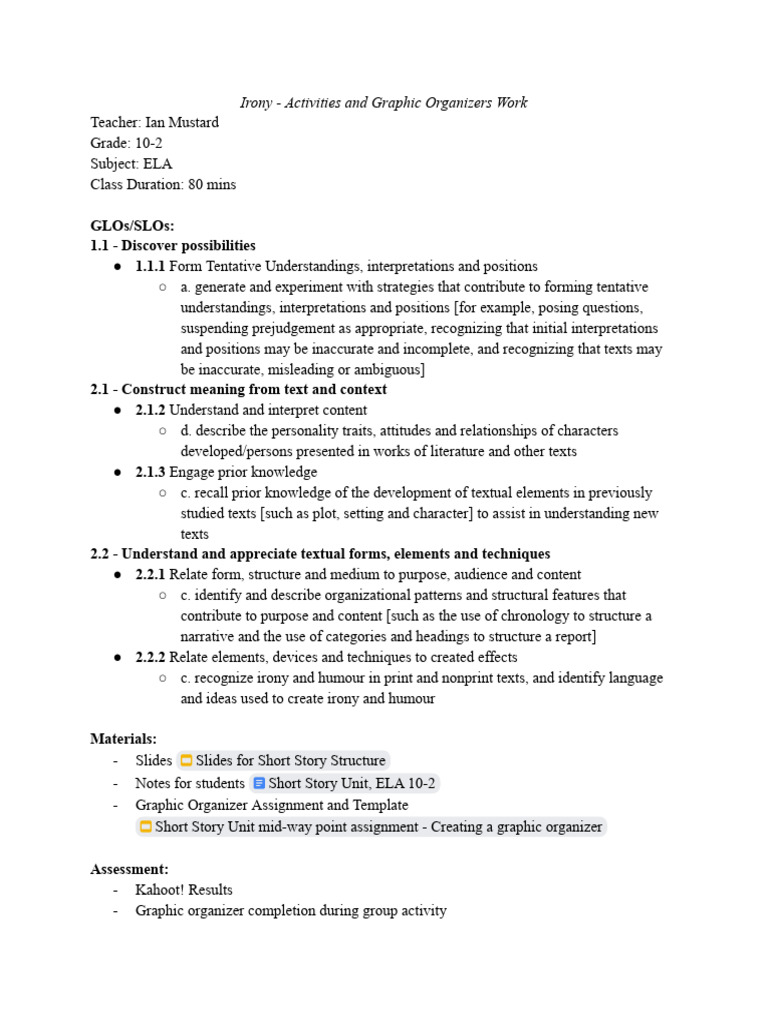 Mar 14 - ELA 10-2 Graphic Organizers Intro | PDF | Irony | Cognition