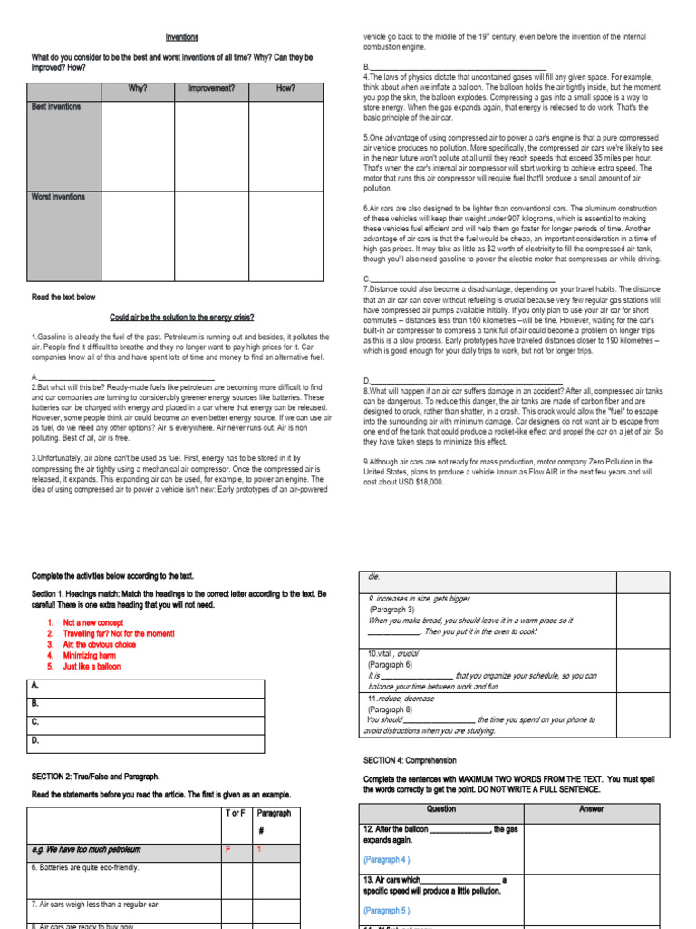 Inventions Reading Portfolio Class Activity Student | PDF | Engines | Car