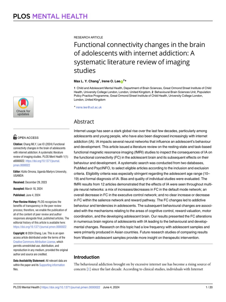 Functional Connectivity Changes in The Brain of Adolescents With ...