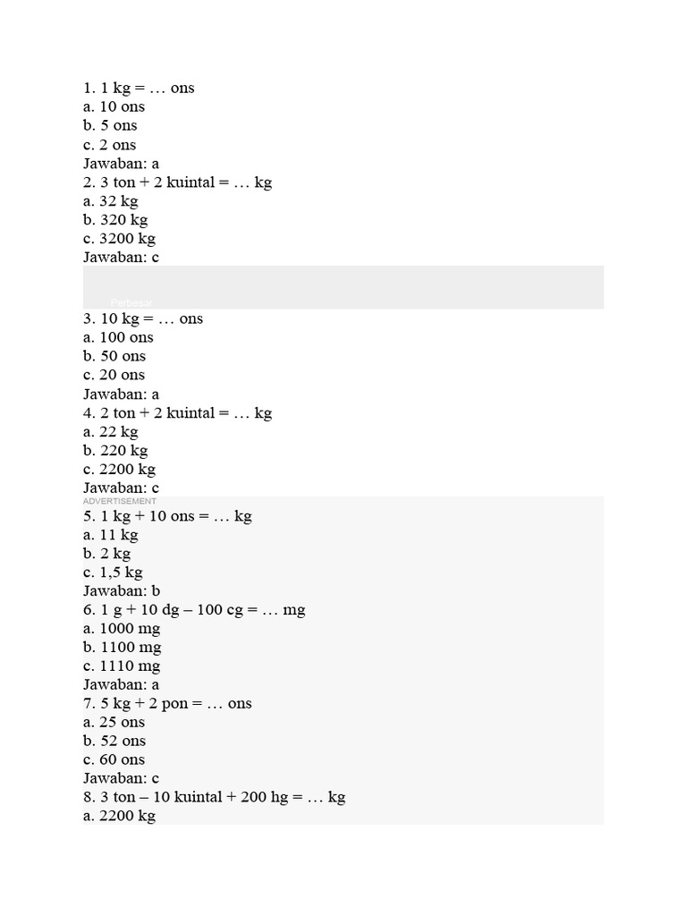 Soal Matematika Satuan Berat | PDF