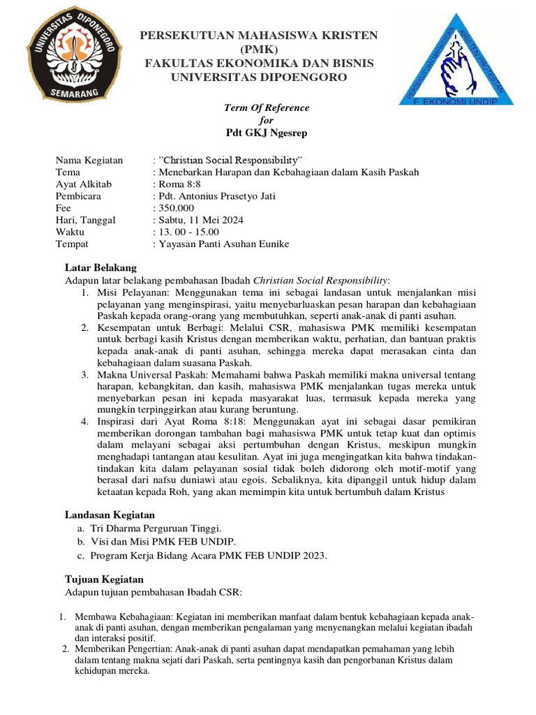 Surat Permohonan - TOR CSR 2024 GKJ Ngesrep | PDF