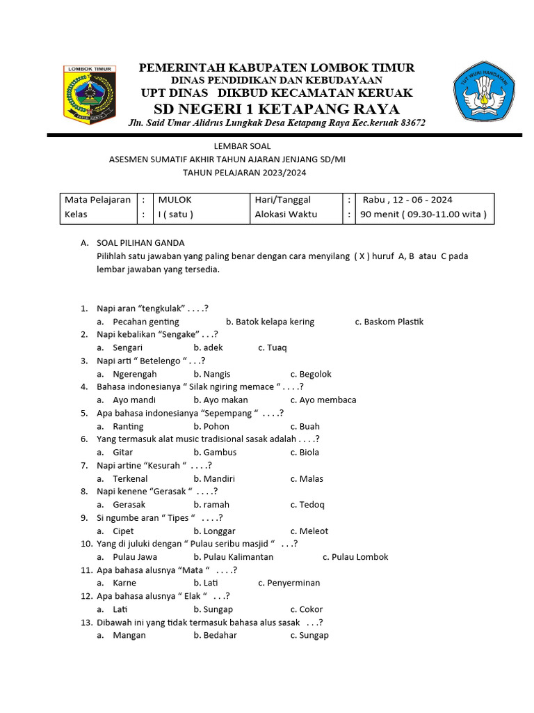 Soal Semester 2 SD Mulok Kelas 1 Kumer | PDF