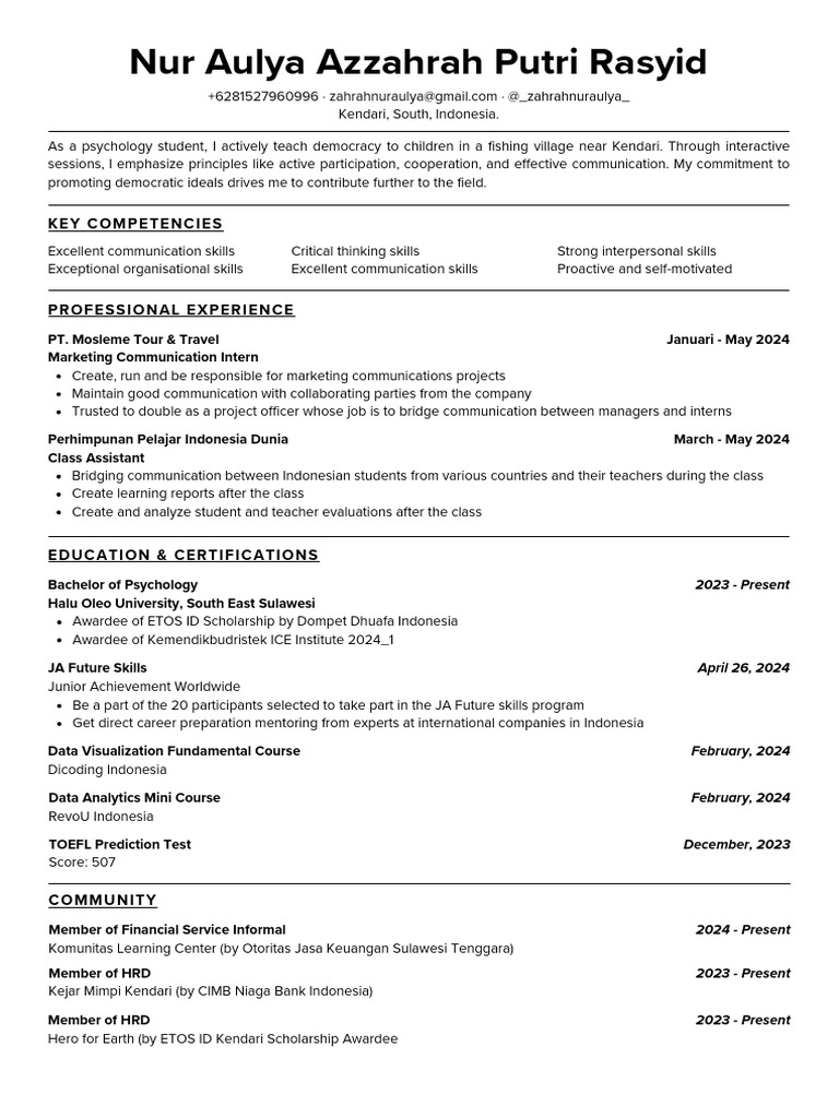 CV-Nur Aulya Azzahrah Putri Rasyid | PDF | Learning | Human Communication