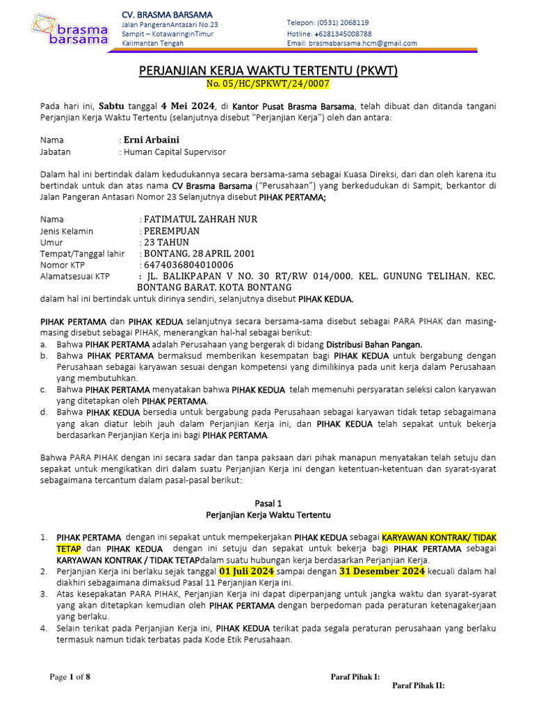 Perjanjian Kerja Waktu Tertentu (PKWT) | PDF