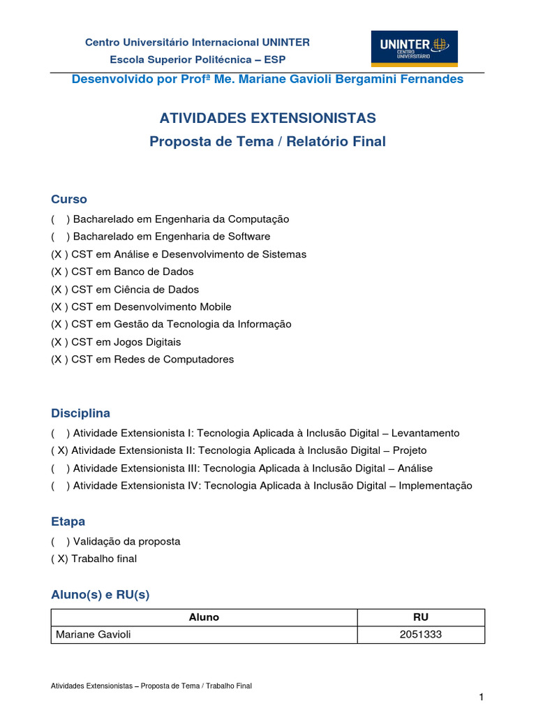 Exemplo de Atividade Extensionista Projeto - Cursos Tecnologos | PDF | Informática