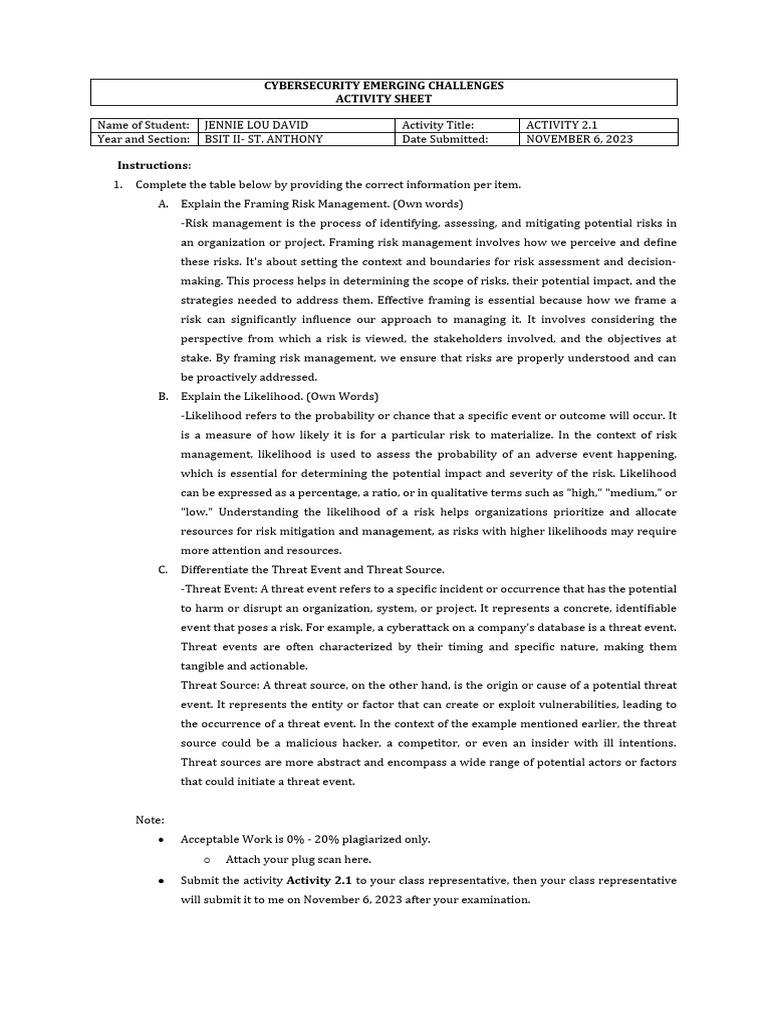 Act2.1 Mod2 Itelec1 David | PDF | Risk | Risk Management
