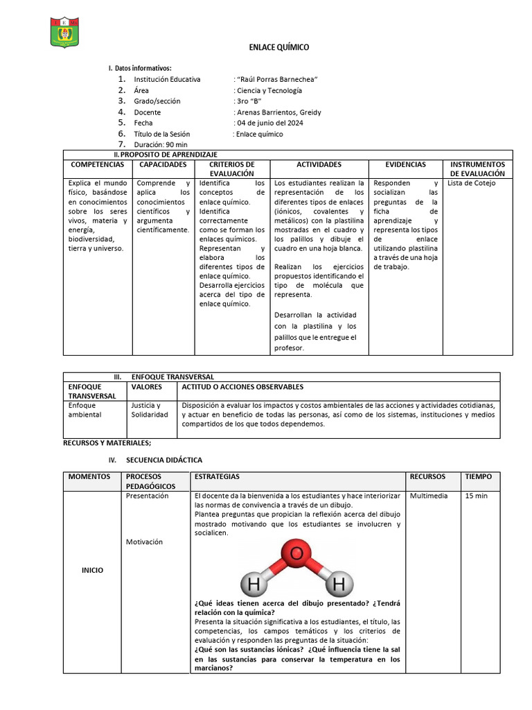 Sesión De Aprendizaje Enlace Quimico Pdf Compuestos Químicos