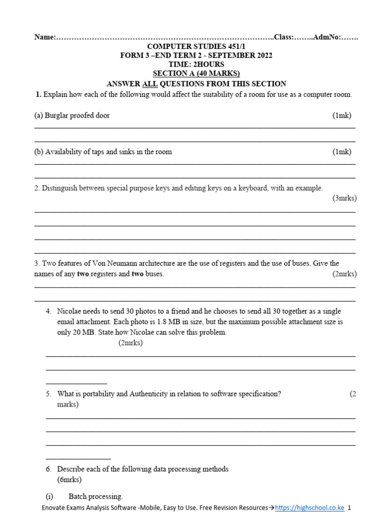 COMPUTER STUDIES Form 3 Term 2 Joint Exam 2022 Questions | PDF ...