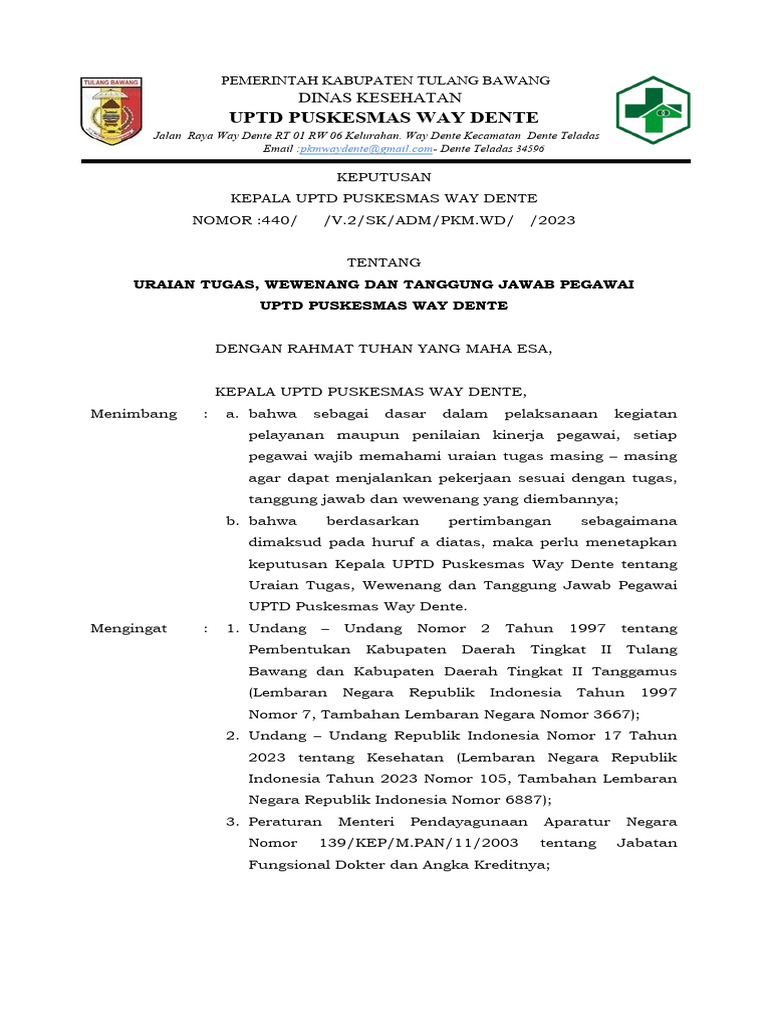 SK Uraian Tugas Pegawai | PDF | Pengembangan Diri | Kesehatan Holistik