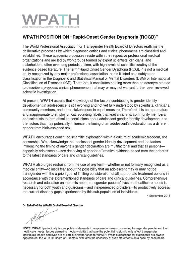 WPATH Position On Rapid-Onset Gender Dysphoria - 9-4-2018 | PDF | Lgbt ...