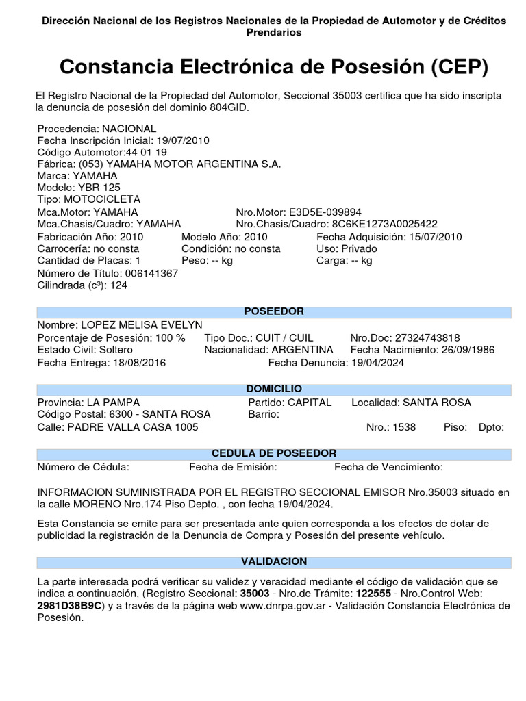 Constancia Electrónica de Posesión (CEP) | PDF