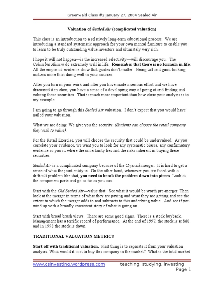 Greenwald Class Notes 6 - Sealed Air Case Study | PDF | Book Value ...