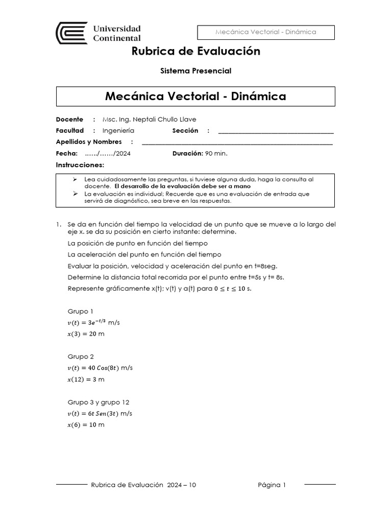Rubrica 01 - Mecanica Vectorial Dinamica | PDF | Ingeniería mecánica | Cantidades fisicas