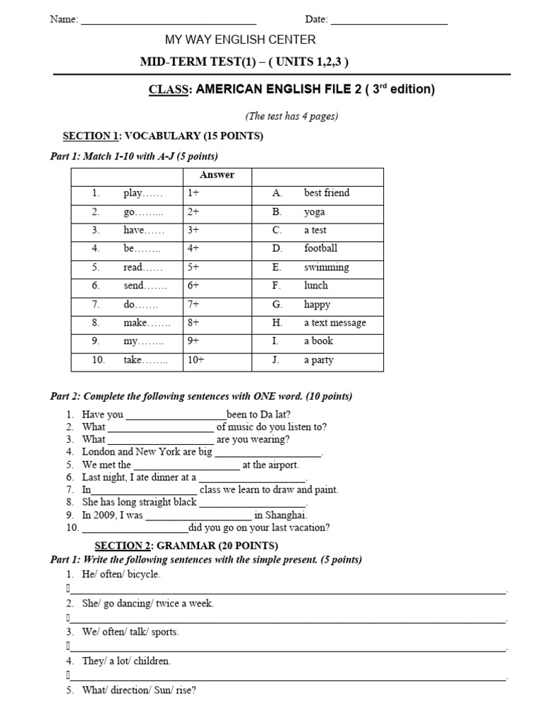 Mid Test 1 ( U1,2,3 ), AEF (3rd) | PDF