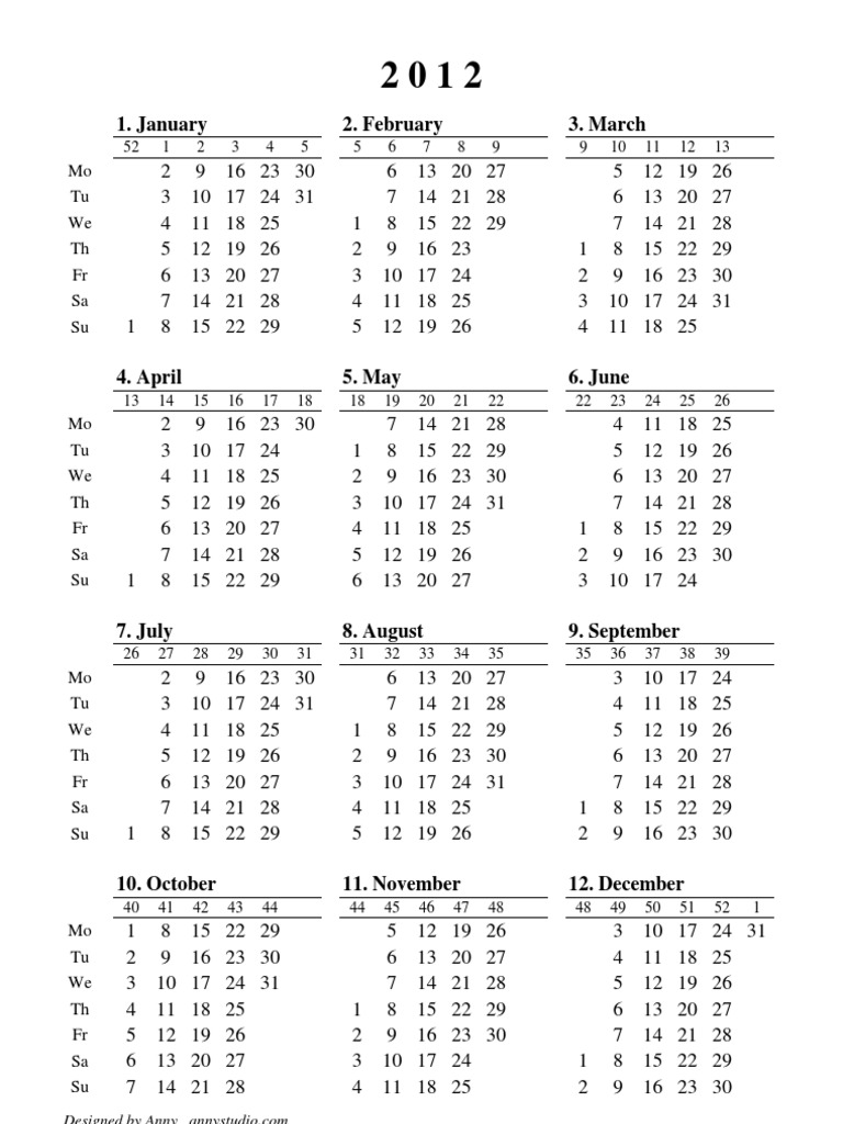 2012 Monthly Calendar Overview | PDF | Travel | Home & Garden