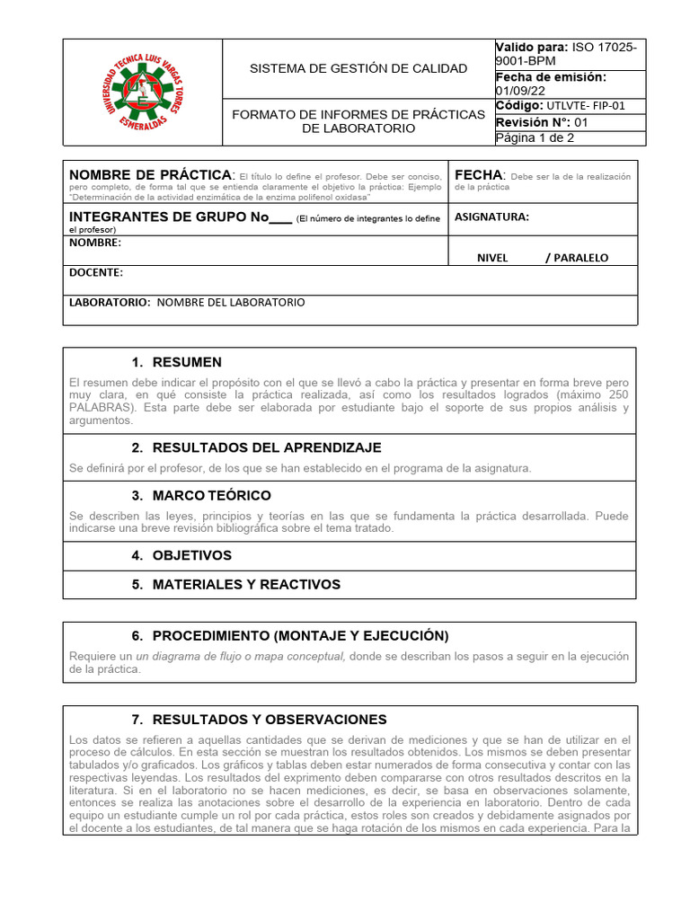 UTLVTE - FIP-01 Formato de Informes de Laboratorio | PDF | Laboratorios | Sistema de manejo de ...