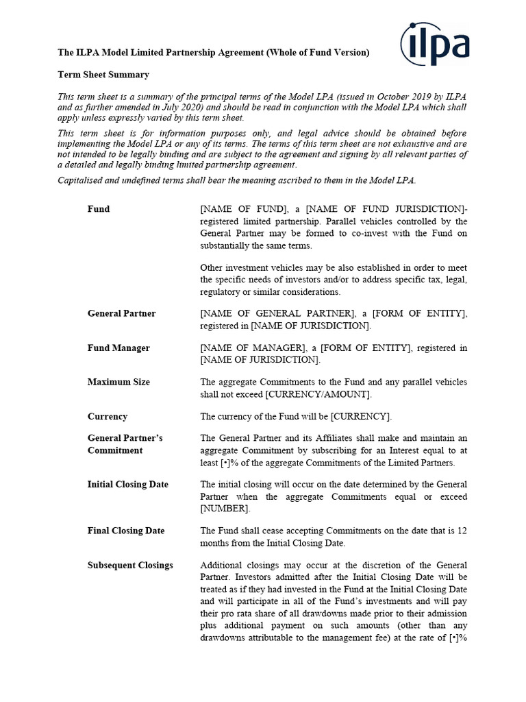 ILPA Model LPA Term Sheet WOF Version 2 | PDF | Limited Partnership ...