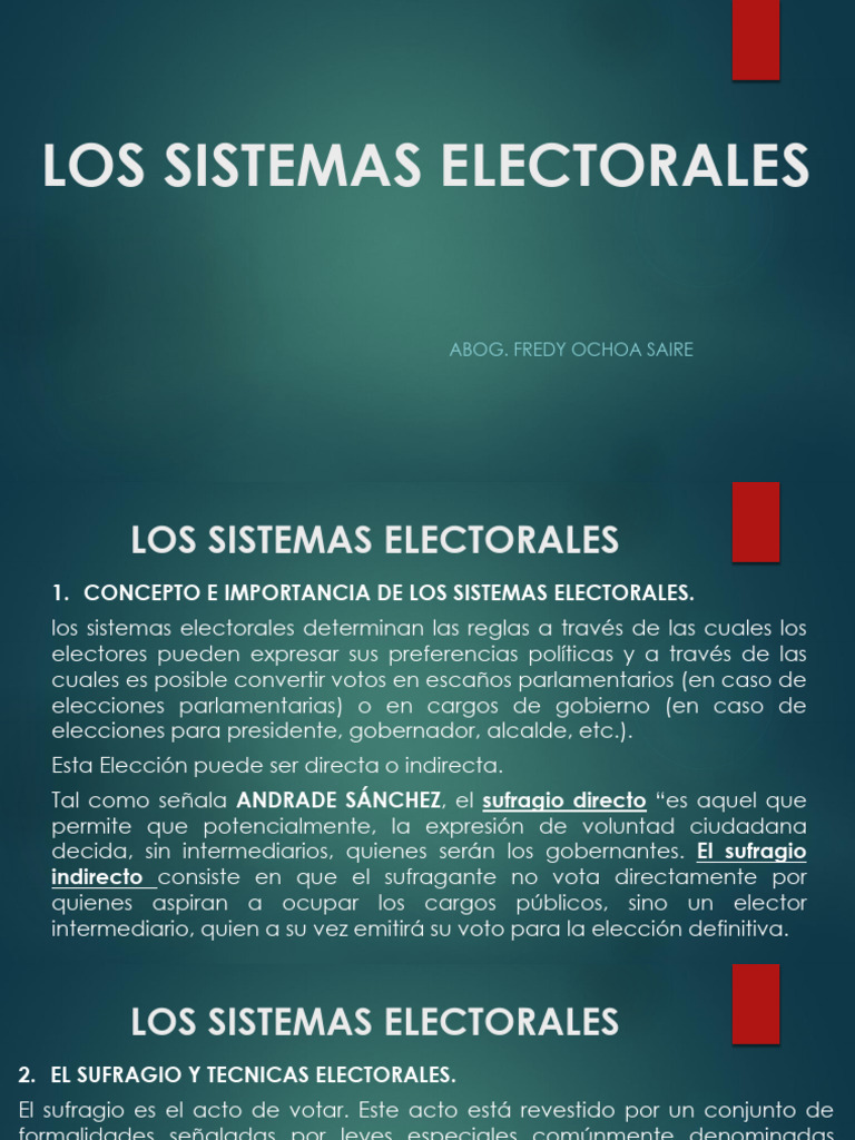 LOS SISTEMAS ELECTORALES Diapositiva | PDF | Distrito electoral | Votación