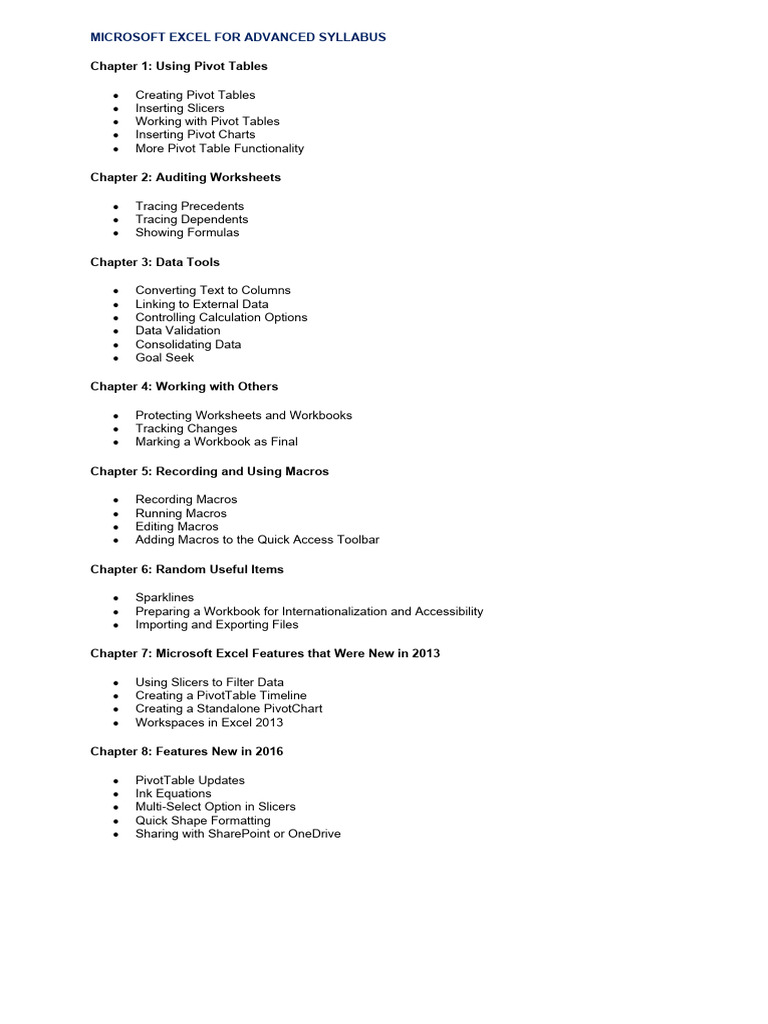Microsoft Excel For Advanced Syllabus | PDF | Microsoft Excel | Computing Microsoft Excel For Advanced Syllabus | PDF | Microsoft Excel | Computing