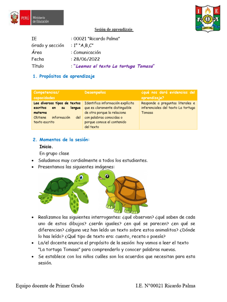 Sesión de Aprendizaje Leemos El Texto La Tortuga Tomasa | PDF | Aprendizaje | Ortografía